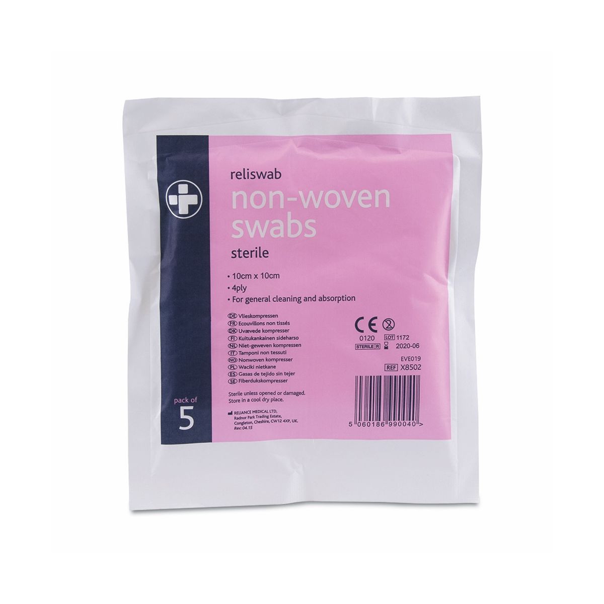 Reliswab Swabs Non-Woven, Sterile 4ply , 10cm x 10cm, 5 Pack of 5